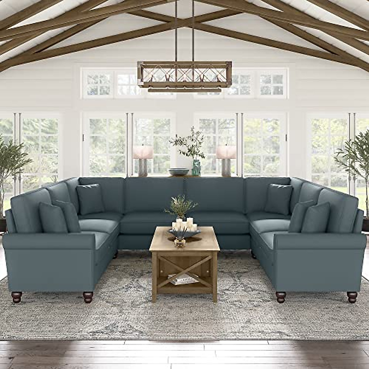 Bush Furniture Hudson U Shaped Sectional Couch, 125W, Turkish Blue Herringbone