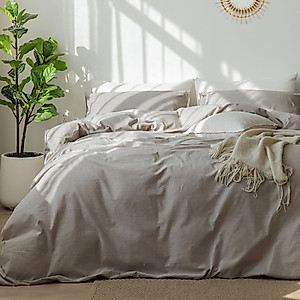 MooMee Bedding Duvet Cover Set 100% Washed Cotton Linen Like Textured Breathable Durable Soft Comfy (Brownish Grey, Queen)