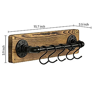 MyGift Burnt Wood Broom Rack Wall Mount for Laundry Room with Industrial Metal Bar and 5 S-Hooks, Household Cleaning Tools Closet Organizer