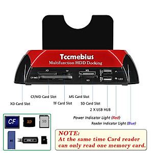 Tccmebius Hard Drive Docking Station, TCC-S862-US USB 2.0 to 2.5 3.5 Inch SATA IDE Dual Slots External Enclosure with All in 1 Card Reader and USB 2.0 Hub for 2.5" 3.5" IDE SATA I/II/III HDD SSD