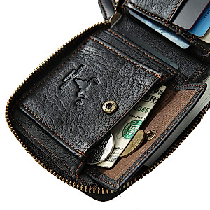 MING CLAN Mens Wallet With Zipper RFID Blocking Slim Leather Bifold Zip Around Wallets For Men With ID Window Coin Pocket