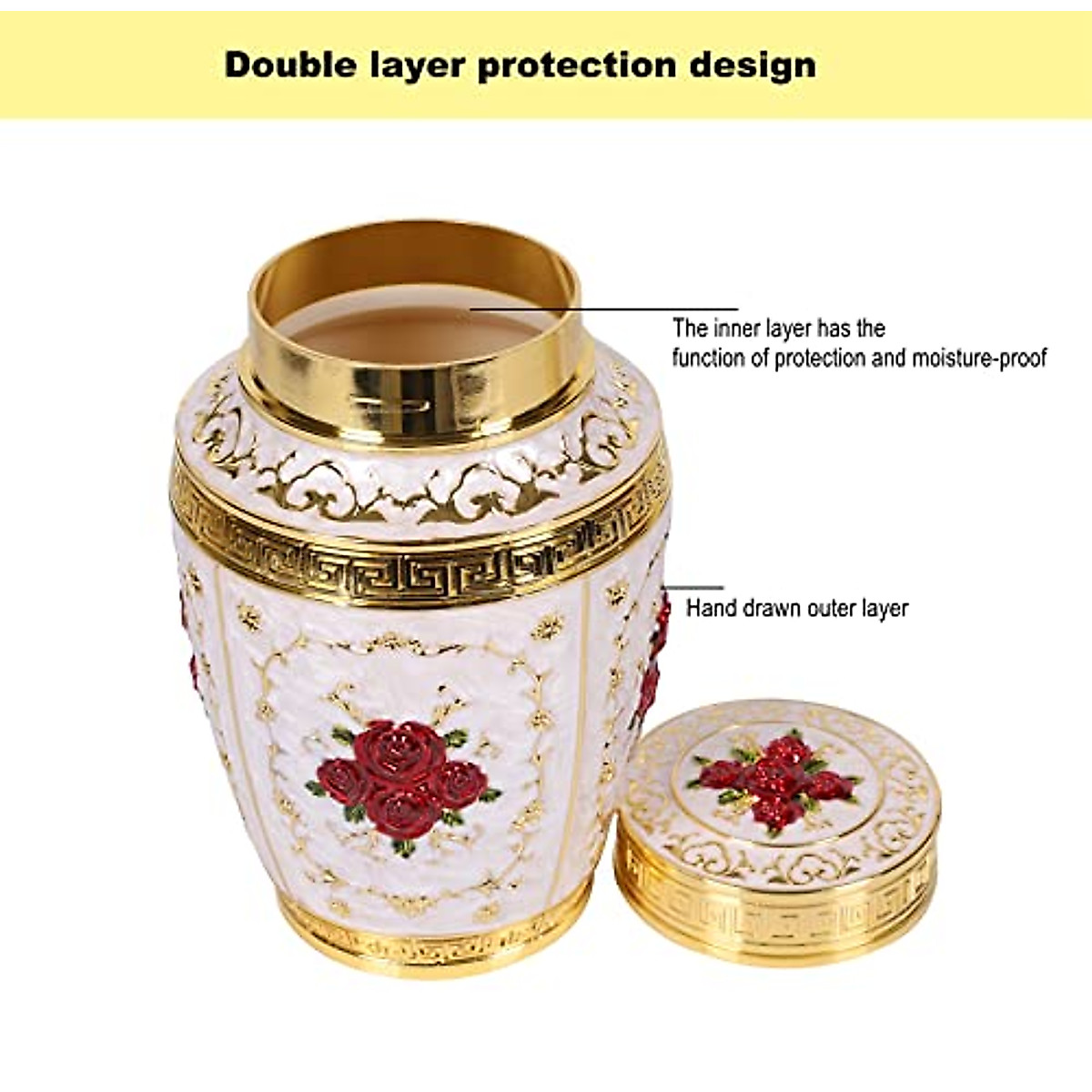 Urn for Human Ashes Adult Female - Rose Flower Cremation Urn Mom - Funeral Urn for Women Made of Zinc Alloy - Hold 200 Cubic inches of Ashes (Gold_Red)