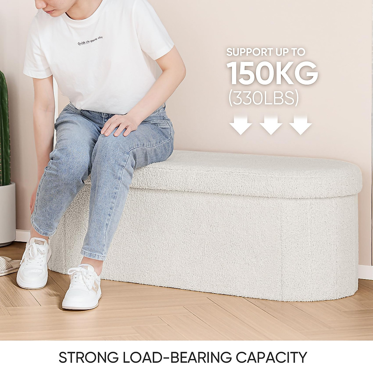 B FSOBEIIALEO Ottoman with Storage for Living Room, Sherpa Folding Storage Ottoman Foot Rest, 43.3 Inches Collapsible Bedroom Bench White