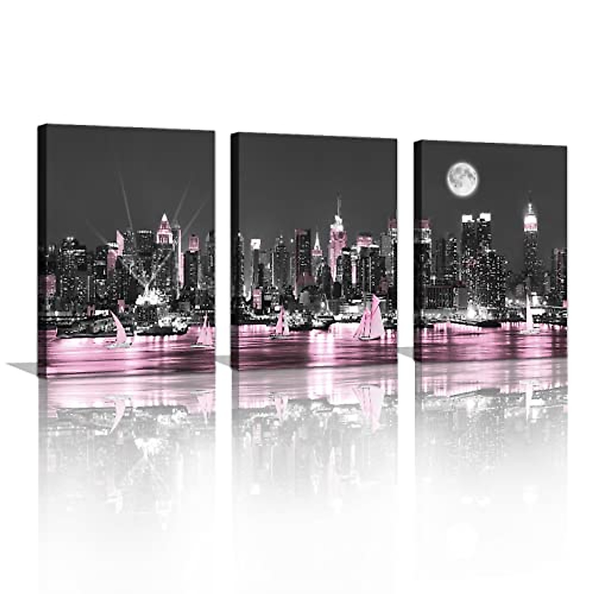 Sycdeor Romantic Black and Pink New York City Night Scenes Canvas Wall Art- Modern Cityscape Sailboat Building Prints Painting for Living Bedroom Home Decor 3Panels Each 12"x16"