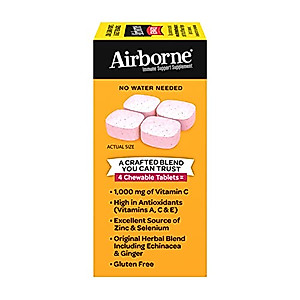 Airborne Vitamin C 1000mg (per serving) - Very Berry Chewable Tablets (32 count in a box), Gluten-Free Immune Support Supplement, With Vitamins A C E, ZINC, Selenium, Echinacea & Ginger, Antioxidants