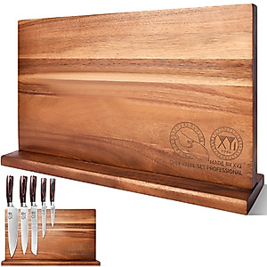 XYJ Extra Large Magnetic Knife Block Acacia Wood Knife Set Holder Stand With Stronge Magnetic Strip Kitchen Knives Storage Rack Organizer Tools No Drilling