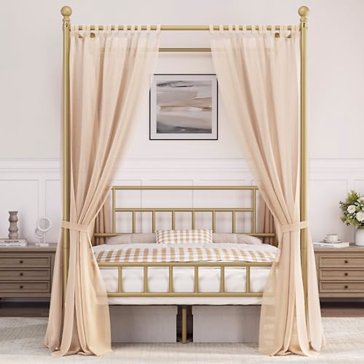 Yaheetech Canopy Bed Frames Metal Four-Poster Canopied Platform Bed with Headboard and Footboard, Sturdy Slatted Structure/Ground Clearance: 11.2" /Antique Gold/Full Bed