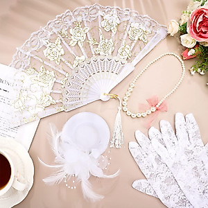Sintege 4 Pcs Girls Tea Party Set Tea Party Gloves Hats Necklace Fans for Girls(White)
