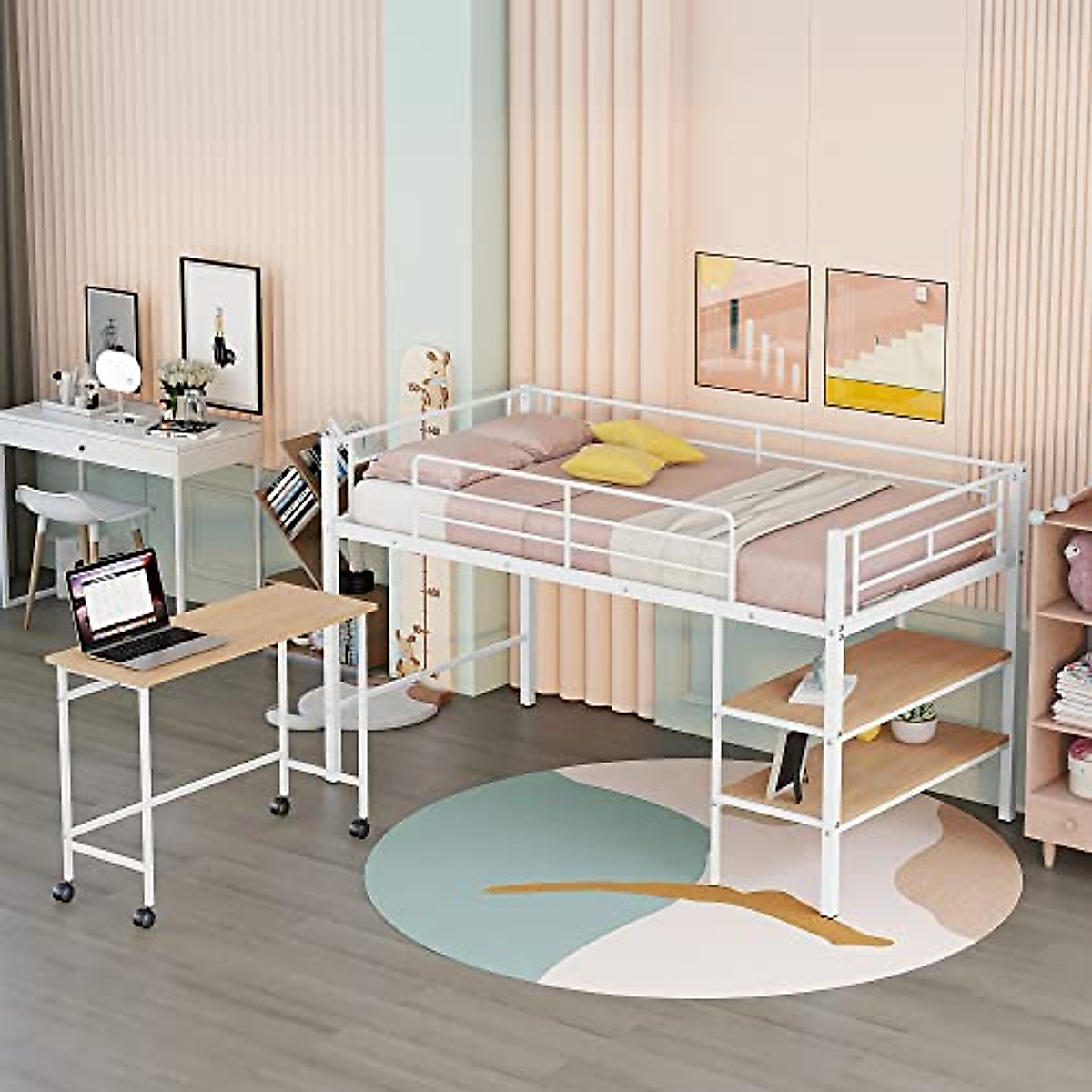 Kids Loft Bed with Desk and Storage, Metal Low Twin Size Bed with Rolling Portable Desk and 2-Tier Shelves, Low Loft Bed with Full-Length Guardrail for Kids Boys Girls Teens (White)