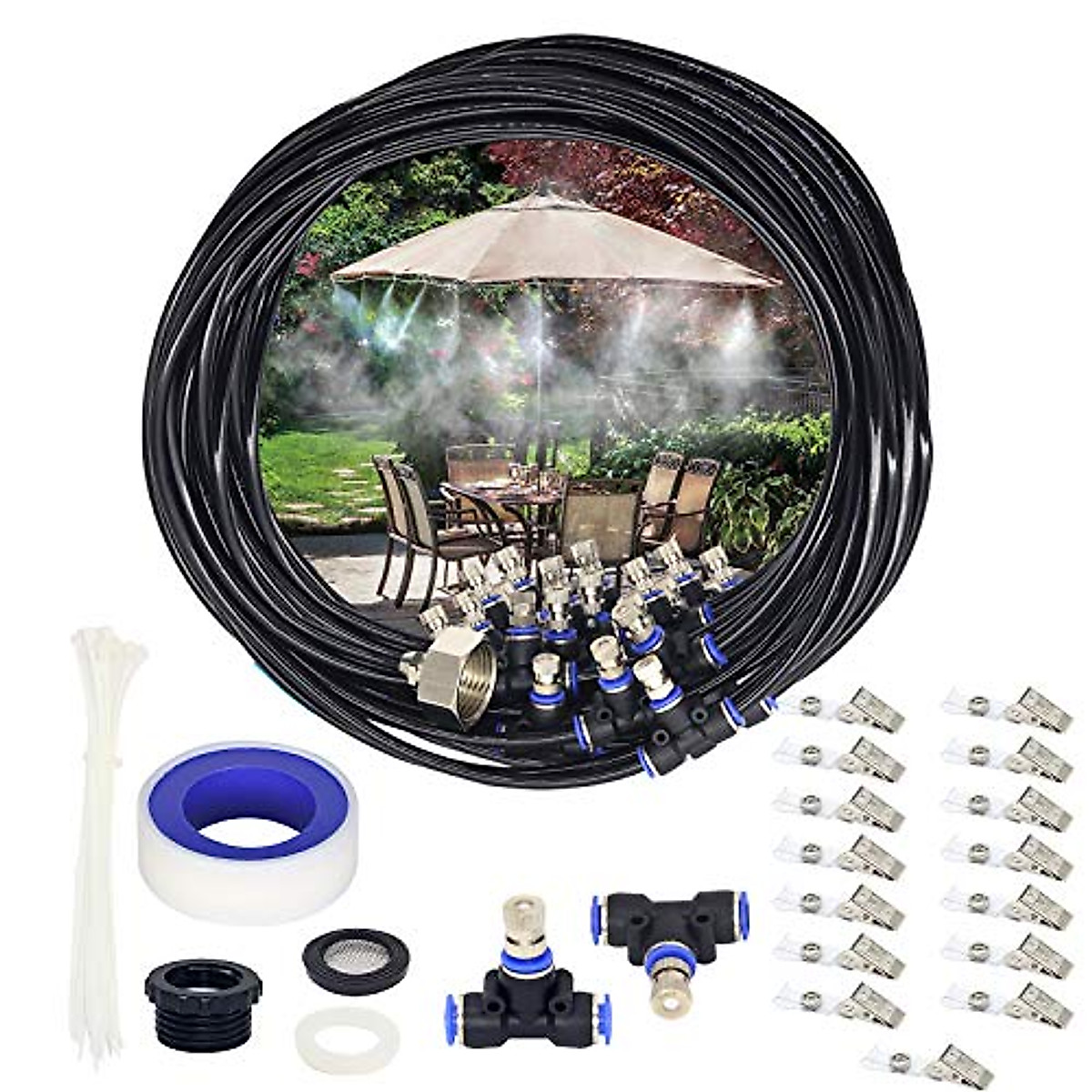YuYo Misting System, Misters for Outside Patio, 59FT Misting Line +19 Brass Mist Nozzles + 3/4" Brass Adapter Outdoor Misters System for Patio Greenhouse Garden Gazebo Poolside Umbrella Trampoline
