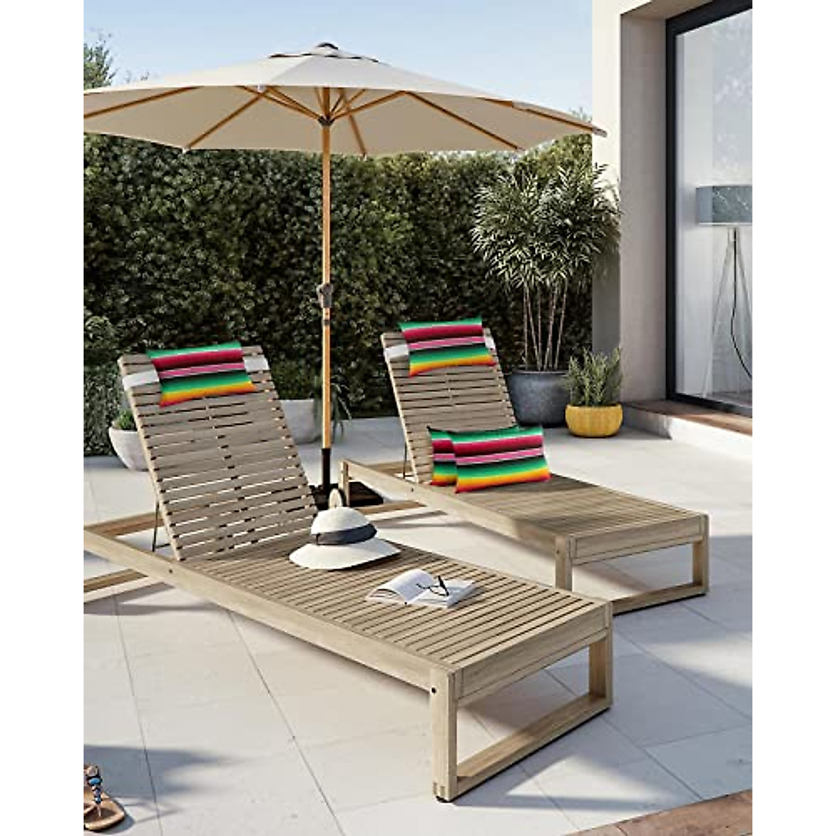 Recliner Head Pillow Ledge Loungers Chair Pillows with Insert Colorful Mexican Stripes Green Red Yellow Lumbar Pillow with Adjustable Strap Outdoor Waterproof Patio Pillows for Beach Pool, 2 PCS