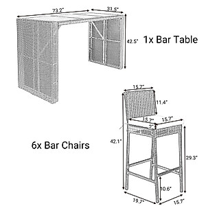 Modern Outdoor Patio Furniture Set, 7-Piece Rattan Dining Set, 6 Chairs with Cushions and PE Wicker Dining Table with Acacia Wood Tabletop, Perfect for Backyard, Garden