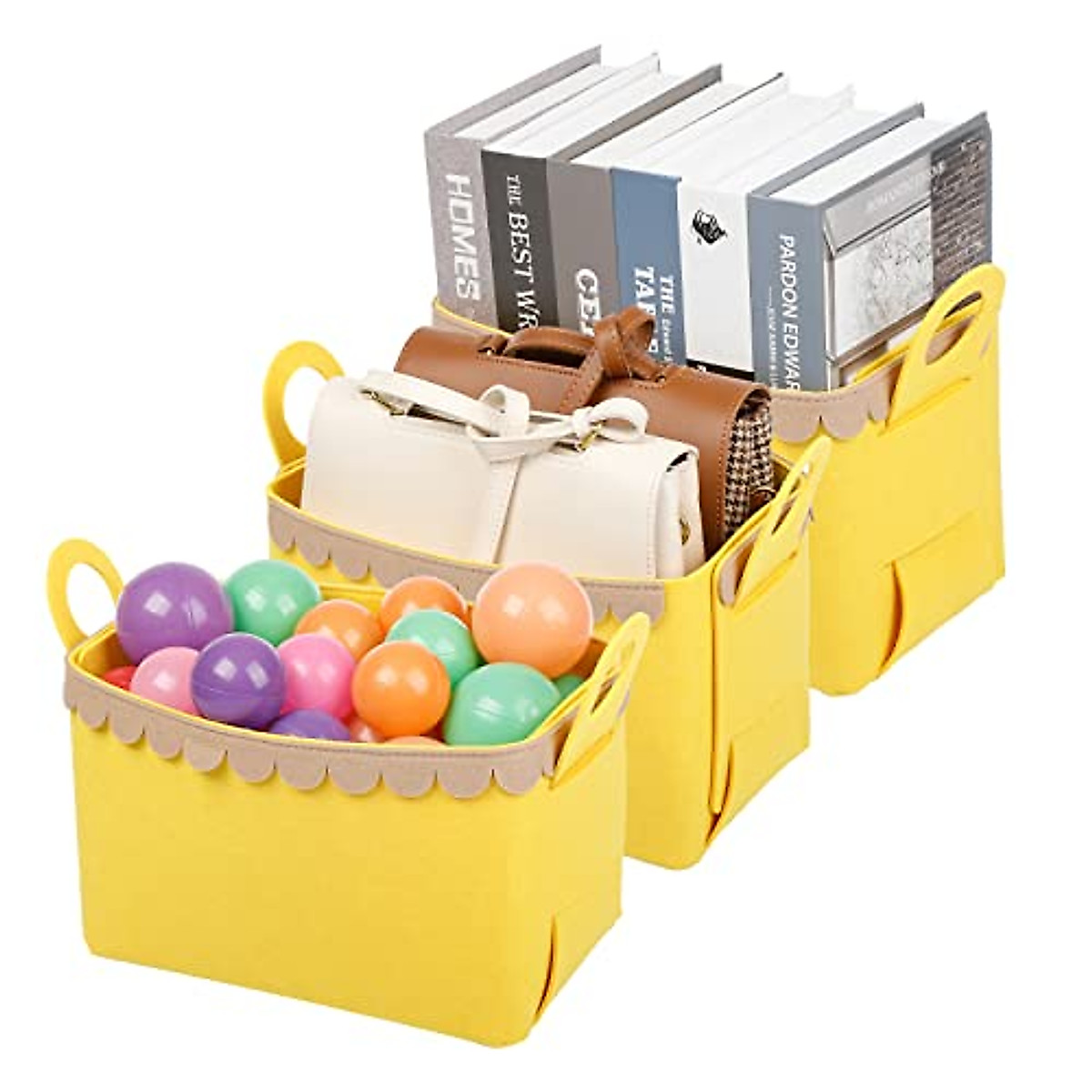 Yesesion 3 Pack Cube Storage Bins with Handle, Felt Collapsible Storage Basket for Shelves, Home Office Organization for Closet, Nursery, Bedroom, Books, Letter, Toys, Toilet Paper (Yellow - Medium)