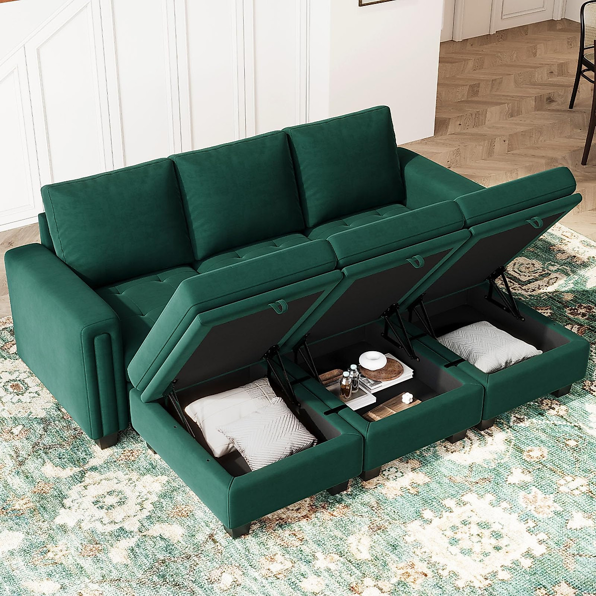Belffin Green Velvet L-Shape Modular Convertible Sofa Bed with Storage, 83.4x62.2x35.8 inches, 6 Pieces, Medium Firmness