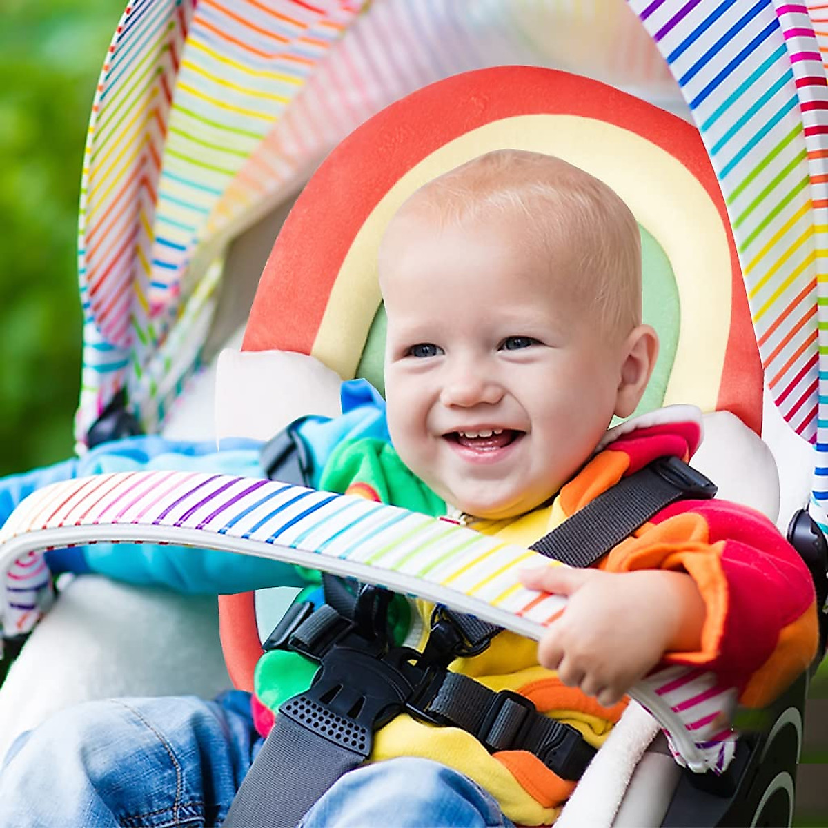 vocheer Baby Stroller Cushion, Convertible Car Seats Insert Soft Baby Stroller Liner Pram Head and Body Support Pillow for Newborn, Red Rainbow