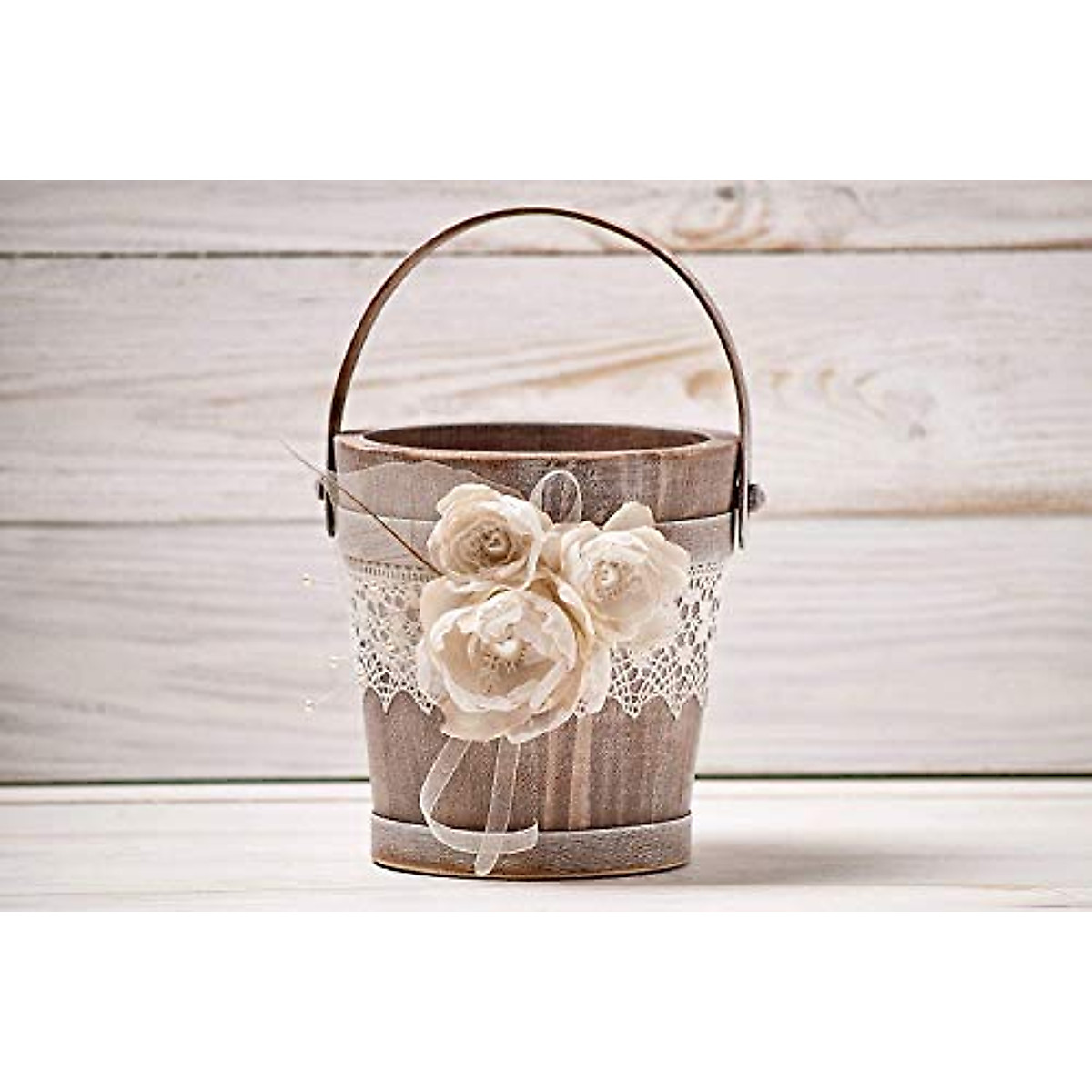 Rustic Flower Girl Basket, Wedding Bucket with Ivory Organza, Rustic Style Driftwood Flower Girl Basket, Woodland Wedding Ceremony, Bridal Gift