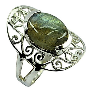 CaratYogi Handcrafted Genuine Labradorite Sterling Silver Statement Ring Oval Shape Deisgn Size 8