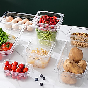 Cheardia 6 Pack 1/6 Size Polycarbonate Food Pans with Lids, Plastic Clear Restaurant Containers Salad Bar Containers for Fruits, Vegetables, Kitchen Food Prep, 4 Inch Deep