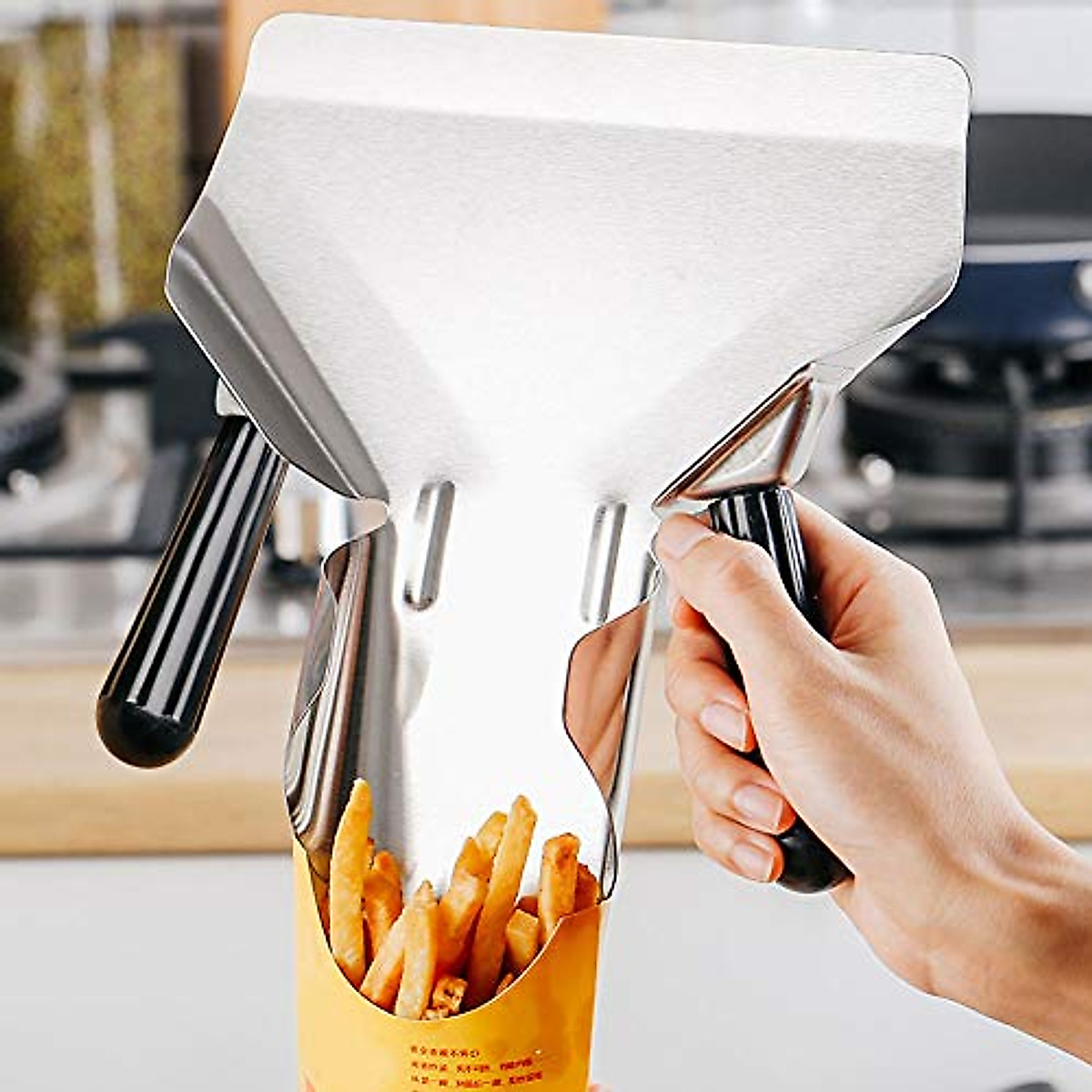 French Fry Scoop, Stainless Steel Food Chips Scoop, Heavy Duty Popcorn Scoop with Handle, Desserts Scooper(Double handle)