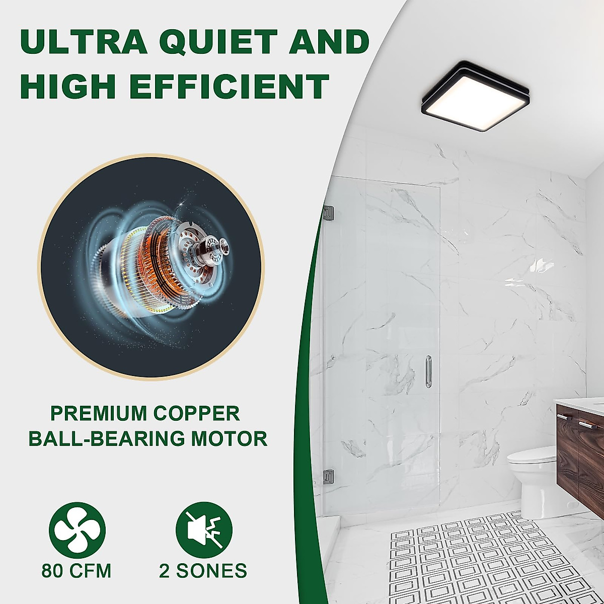 Akicon Bathroom Exhaust Fan with Light, 80CFM 2.0 Sones Exhaust Fan for Bathroom Ceiling, 15W Dimmable 3CCT LED Lights & 3.5W Nightlight Bathroom Vent Fan for Home, Square, Black