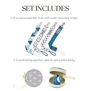 Dodo Babies Pacifier Clip Set - Four Clips Plus Binky Case – Universal Holder Fits Most Paci Brands, Teether Toys and Car Seats – Blue and Teal Prints for Girls or Boys