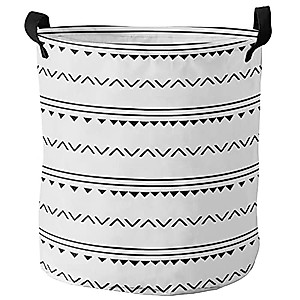 Laundry Basket,Bohemian Black Stripe Triangle Geometry White Back Waterproof Clothes Hampers with Handle,Ethnic Chic Geometric Large Collapsible Storage Bag for Bedroom Bathroom 16.5x17In