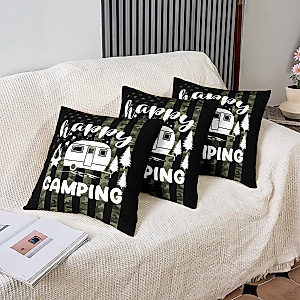 Camo Camping Pillow Case Cover 2 Pack,RV Camper Accessories for Travel Trailers 16"x16" Soft Cushion Cover Reversible Print,Green Camouflage American Flag Throw Couch Sofa Pillow Cover