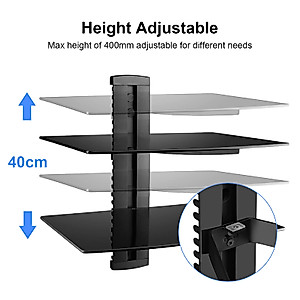 suptek Glass Floating Shelves, TV Wall Mount with Shelf for DVD Player / PS4 / Cable Boxes/Game Consoles/Sky Box/TV Accessories, Media Shelf, Flat Black Wall Mount Bracket, AV Shelf, 2 Tiers Shelves