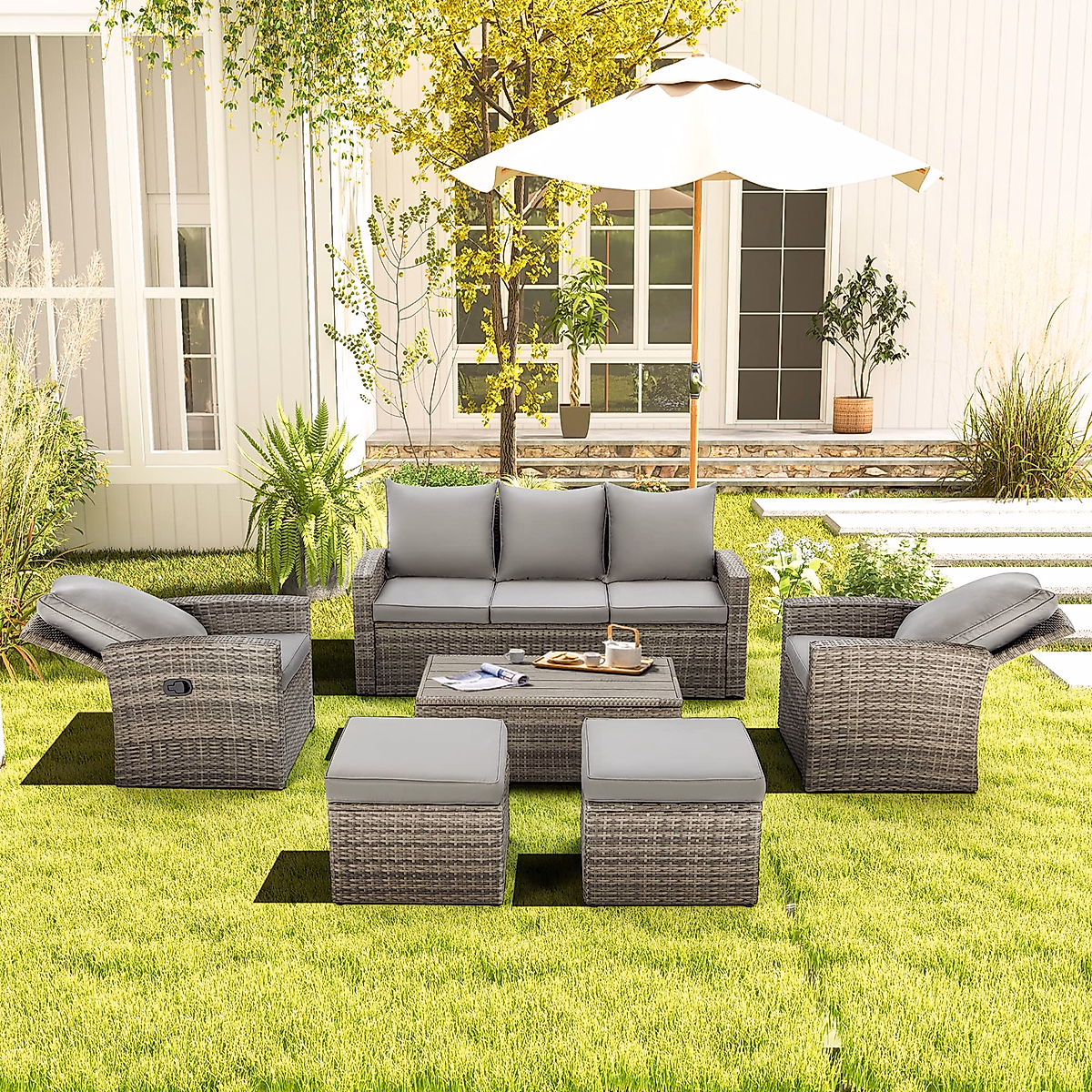 GYUTEI 6 Piece Patio Furniture Set, Outdoor Sectional Conversation Rattan Sofa Set with Ottoman and Outdoor Storage Table for Garden, Porch, Backyard(Grey)