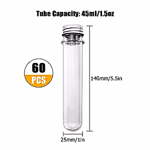 60 Pcs Plastic Test Tubes with Caps, HommyPrefer 25x140MM (45ML) Clear Test Tubes, Tube Container Vials with Good Seal for Scientific Experiments, Candy Storage, Jewelry, Party Favors or Decoration