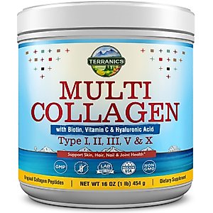 Terranics Multi Collagen Powder Type I II II V X with Biotin VC Hyaluronic Acid, Paleo & Keto Friendly, Skin Hair Nail & Joint Support, Bovine Marine Chicken & Eggshell, Unflavored