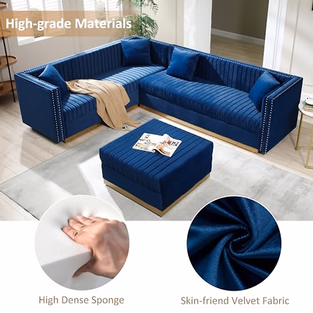 GNIXUU Convertible 6 Seater U Shaped Corner Sofa, L Shaped Sectional Couch Set with Ottoman, 2 Pieces 3 Seat Velvet Couches for Living Room, Large Space, Blue