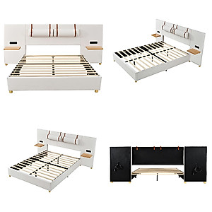 Merax Queen Size Upholstered Platform Bed, Modern Bedframe with Two Outlets and USB Charging Ports on Both Sides, Two Bedside Pillows, Storage Shelves, Beige