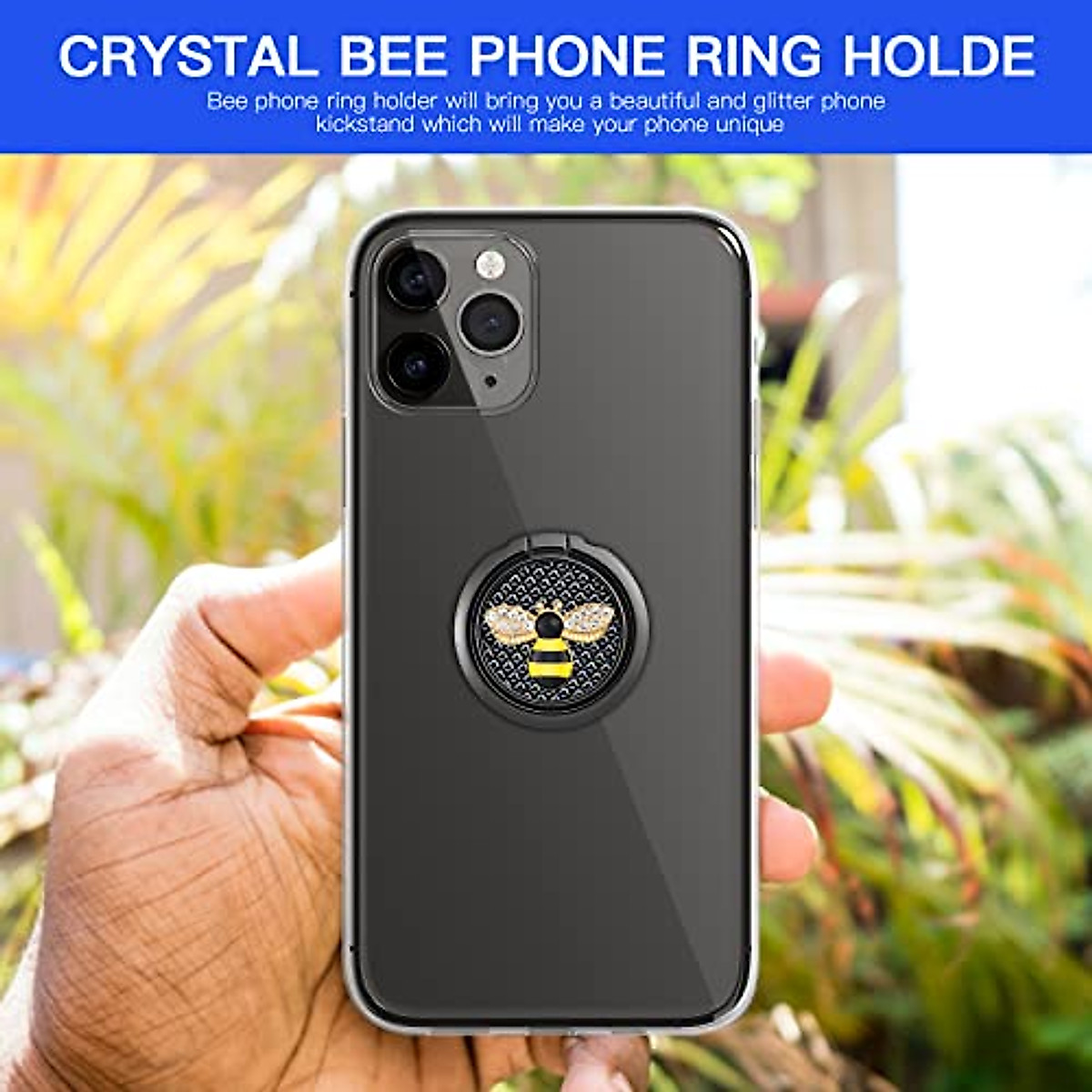 YINHEXI Phone Ring Holder Finger Kickstand, Cell Phone Ring Holder Finger Grip 360 Degree Rotation, with Crystal Stone Enamel Bee (Black)
