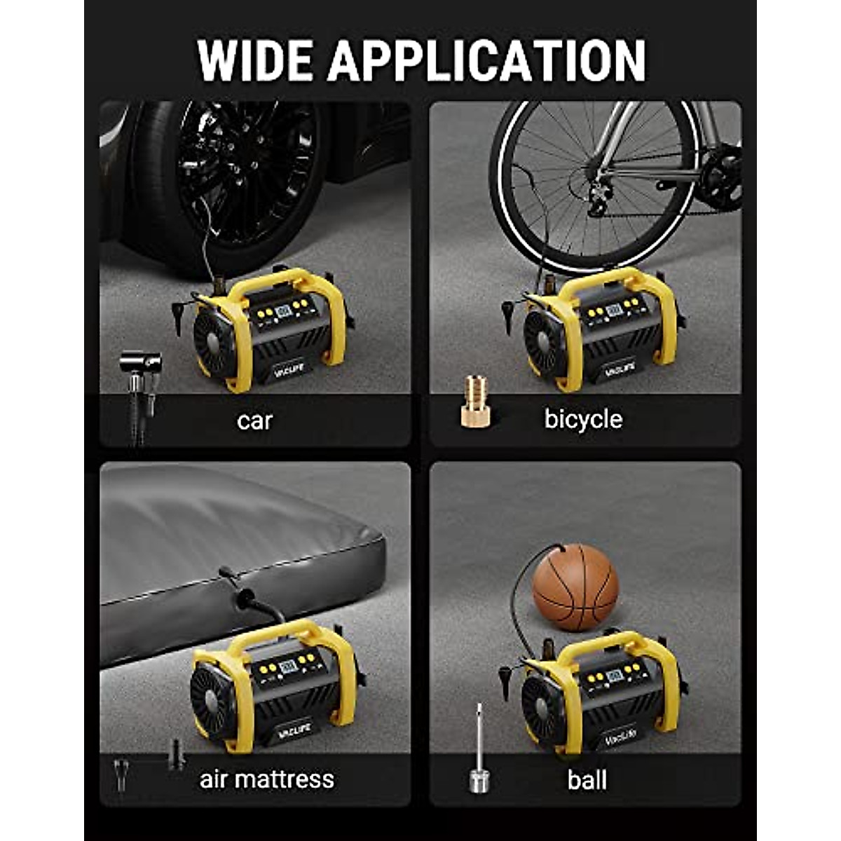 VacLife Tire Inflator Portable Air Compressor - 12V DC/120V AC Car Tire Pump for Air Mattress Beds, Boats with Inflation and Deflation Modes, Dual Powerful Motors, Model: ATJ-6588, Yellow (VL758)