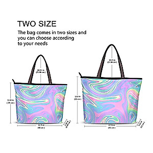 Bolaz Tote Bag with Pockets for Women Rainbow Marble Holographic Shoulder Bag Handbags Zipper Small Travel Office Business