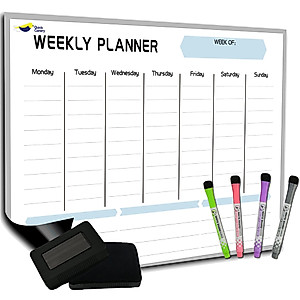 Magnetic Weekly Dry Erase Board Calendar Whiteboard- Latest Premium Nano Technology Stops Stains- 17x12” Whiteboard Calendar for Fridge- 4 Fine Tip Markers and Large Eraser- Weekly Planner White Board