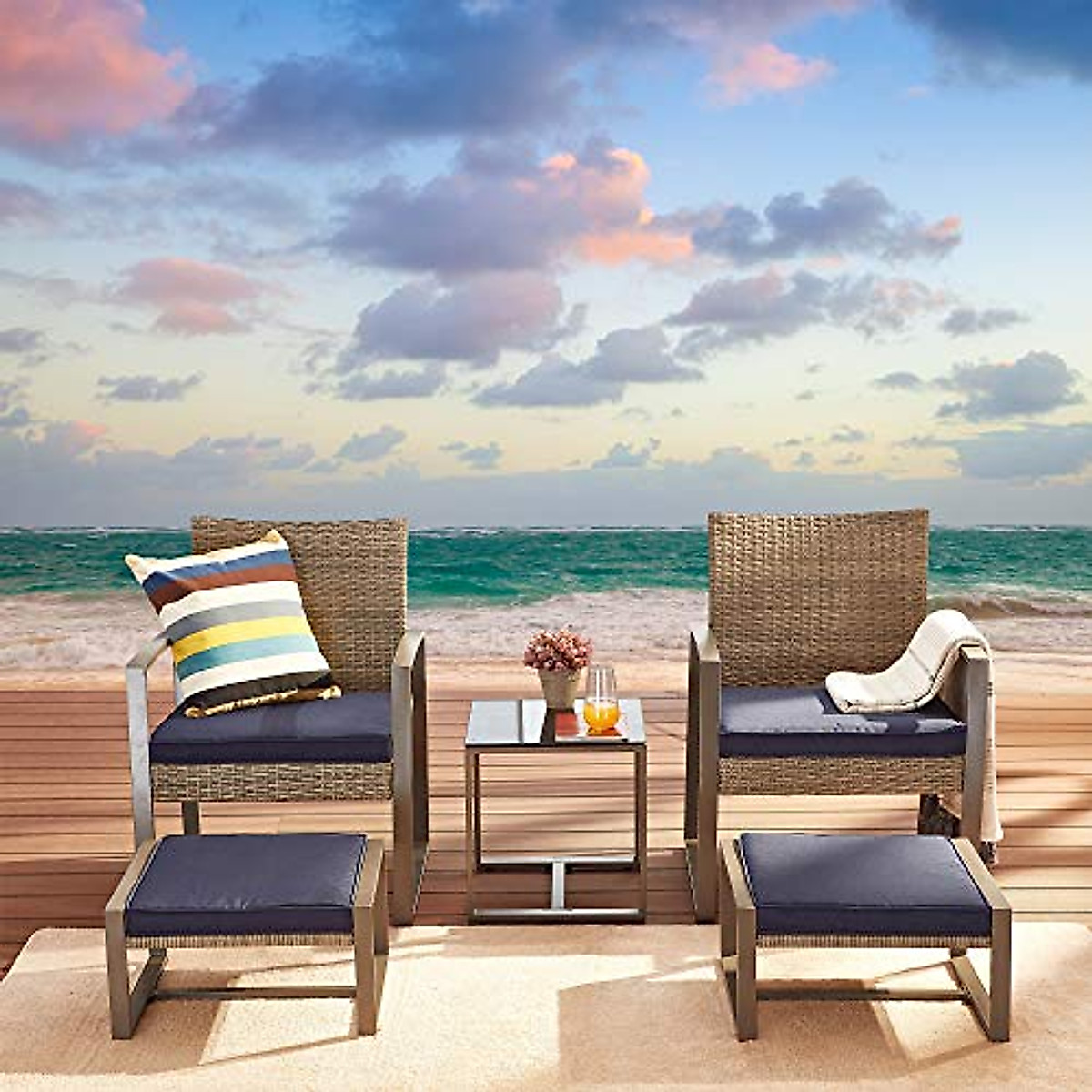 Festival Depot 5 Pieces Patio Outdoor Conversation Chairs Cushions Ottomans Set with Coffee Square Table Metal Frame Furniture Garden Bistro Seating Thick Soft Cushions (Blue)