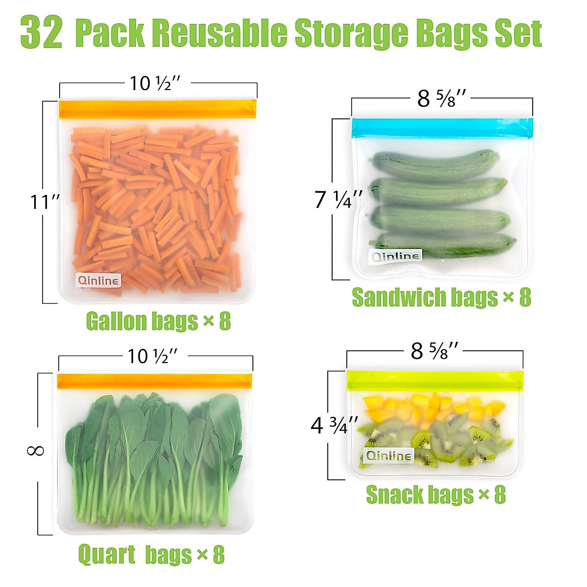 LePvo Reusable Food Storage Bags，32 Pack BPA FREE Freezer Bags(8 Gallon Bags + 8 Quart Bags +8 Sandwich Bags + 8 Food Grade Snack Bags+8) EXTRA THICK Reusbale Lunch Bag for Salad Fruit.