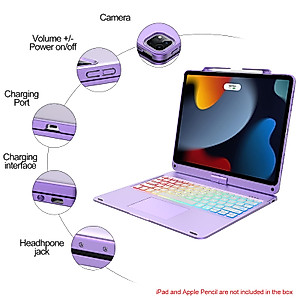 SENGBIRCH Touch Keyboard Case for iPad Pro 12.9-inch (3rd, 4th, 5th, 6th Generation) - 7 Colors RGB Backlit, 360° Swivel Hard Shell with Pencil Holder, Purple