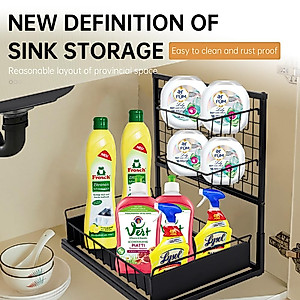IAVEYG Under Sink Organizer Metal Pull Out Cabinet Organizer 2-Tier Slide Out Under Cabinet Storage Multi-Use for Under Kitchen Bathroom Sink Organizers and Storage Black