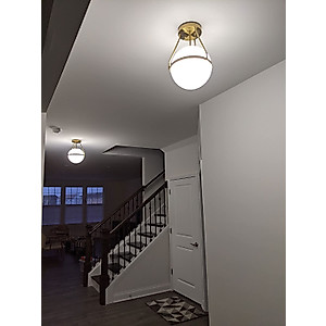 HOLKIRT Mid Century Modern Globe Semi Flush Mount Ceiling Light Fixture,White Opal with Brass Finish,Living/Dinning Room