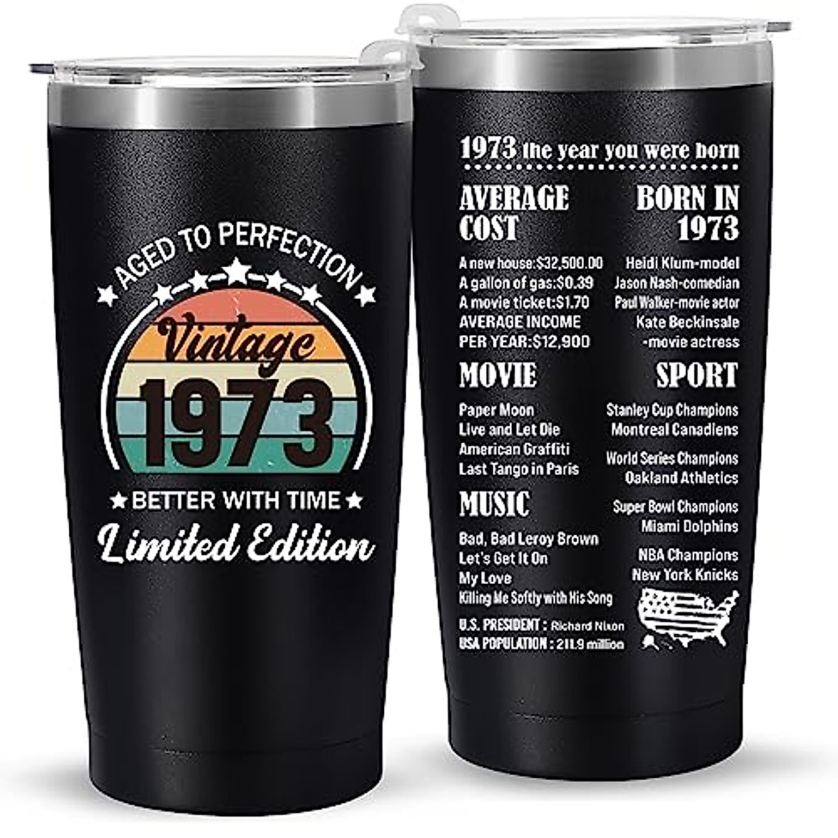 Jettryran 50th Birthday Gifts for Women Men Parents 50 Years Old Gifts- 20 oz Double-sided Vintage 1973 with Time Information Tumbler Cup（black） Turning 50- TB004