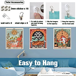 ZeeDix 4 Pcs Tarot Flag Tapestry- Small Tarot Card Europe Mysterious Medieval Tapestry, The Strength, The Sun, The Moon, The Star Astrology Divination Tapestry for Home Room with Seamless Nails