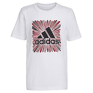 adidas Boys' Big Short Sleeve Cotton Blocked BoS Logo T-Shirt, White, M(10/12)