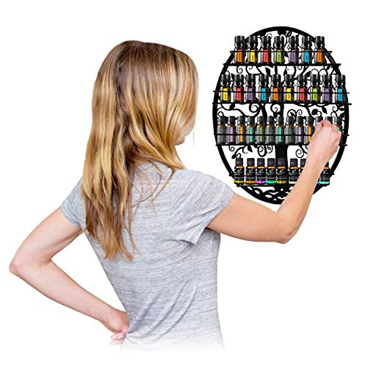 SoCal Buttercup Essential Oils & Nail Polish Organizer - Display Holder Storage Shelf from Oval Black with Tree Silhouette - Wall Mounted Round Rack Oil Bottle Storage (Black)