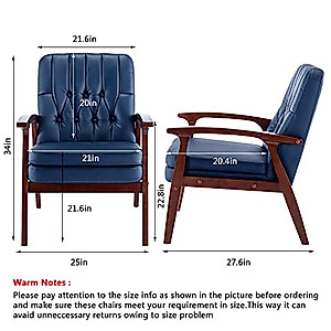 Setawix PU Leather Accent Arm Chairs Set of 2, Solid Wood Mid Century Living Room Chair with Arms,Faux Leather Upholstered Single Sofa Chair,Farmhouse Channel Tufted Reading Bedroom Chair (Navy, 2PC)