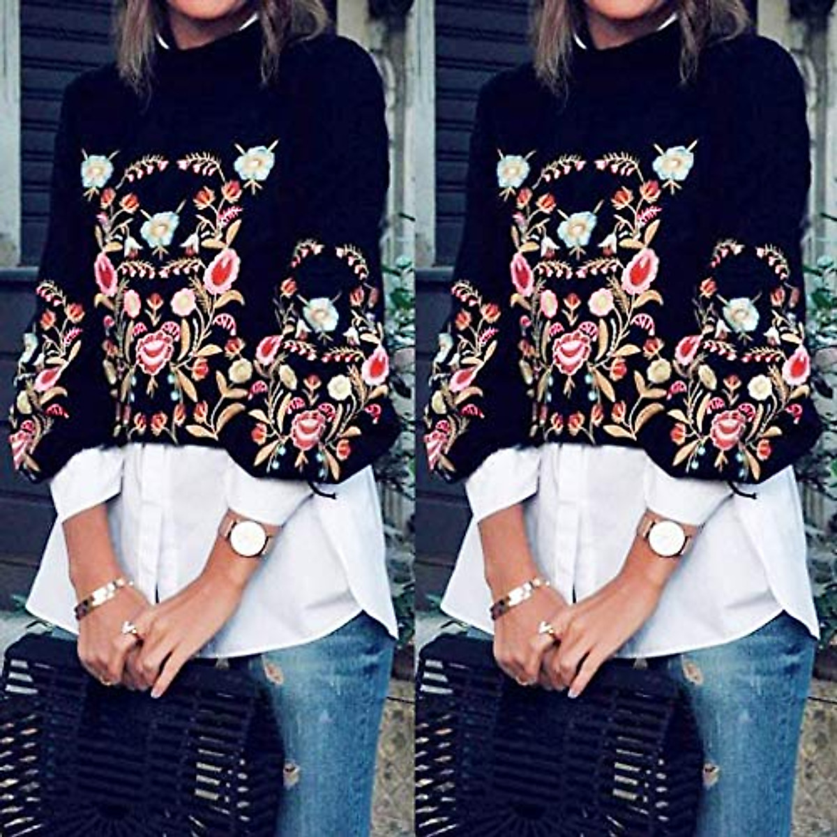 Akabsh Women Long Sleeve Retro Printed Drawstring Pullover Sweatshirt Blouse Tops
