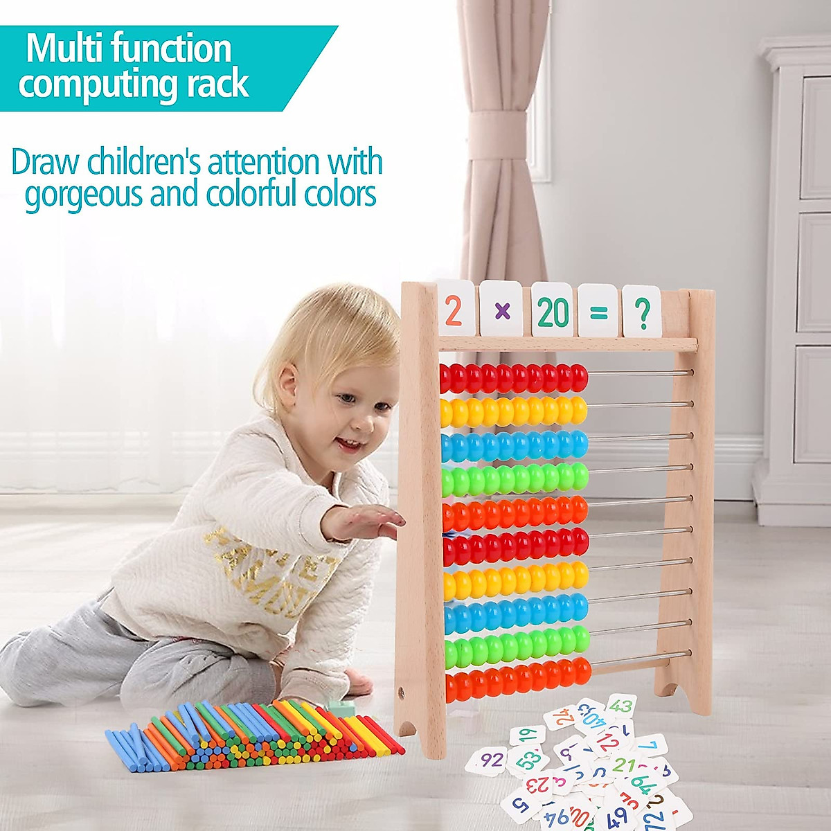Tomlive Preschool Learning Toy, Wooden Abacus for Kids Math, 10-Row Wooden Frame with Multi-Color Beads, Counting Sticks, 1-100 Number Alphabet Cards, Montessori Toys for Toddler 3 4 5 6 Year Old Gift