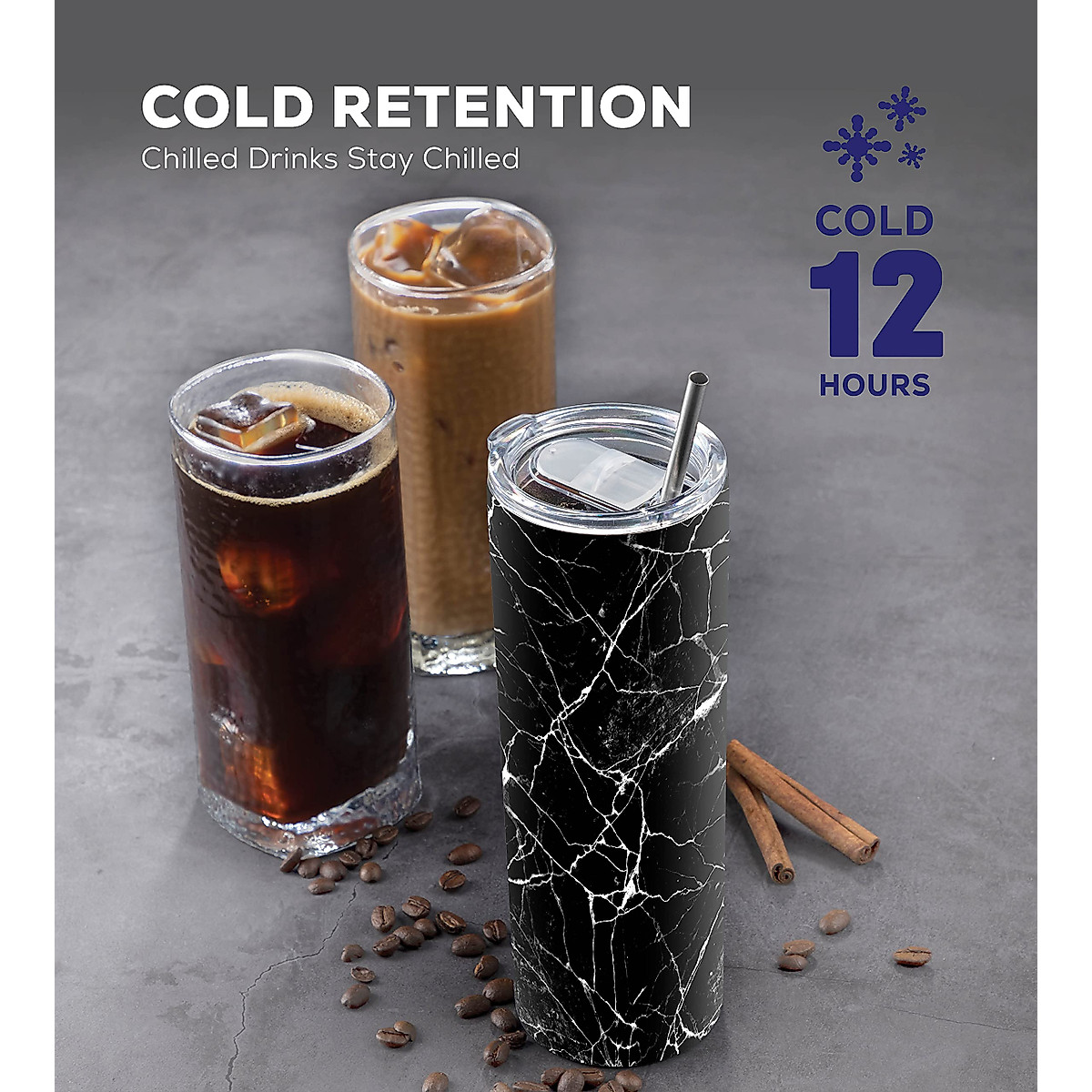 Insulated Skinny Stainless Steel Tumbler Set - 4-Pack 20oz Coffee Tumbler with Straw - Travel Coffee Mug With PBA Free Lids - Slim Vacuum Insulated Tumblers Keep Hot and Cold - Great for Home, Office.